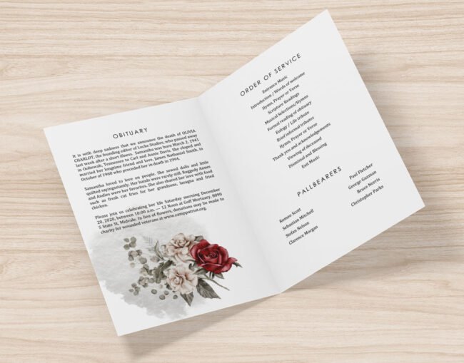 Funeral Service Template With Red & White Roses Design Cover