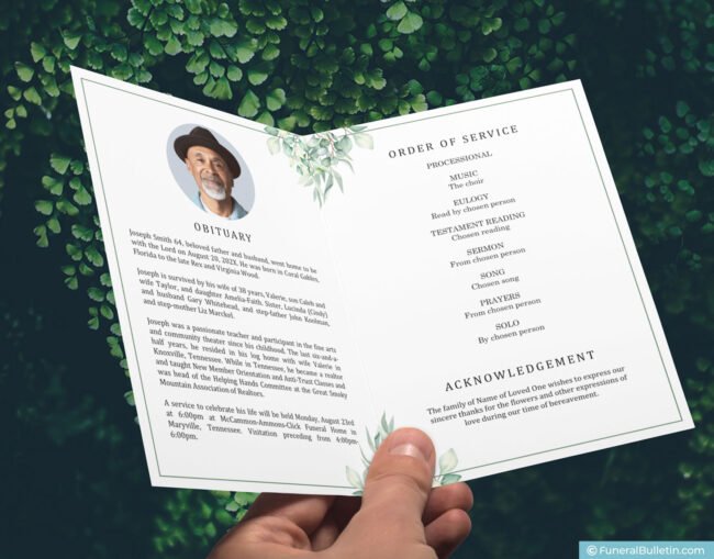 Blank Funeral Program Template - White And Green Floral Design ...