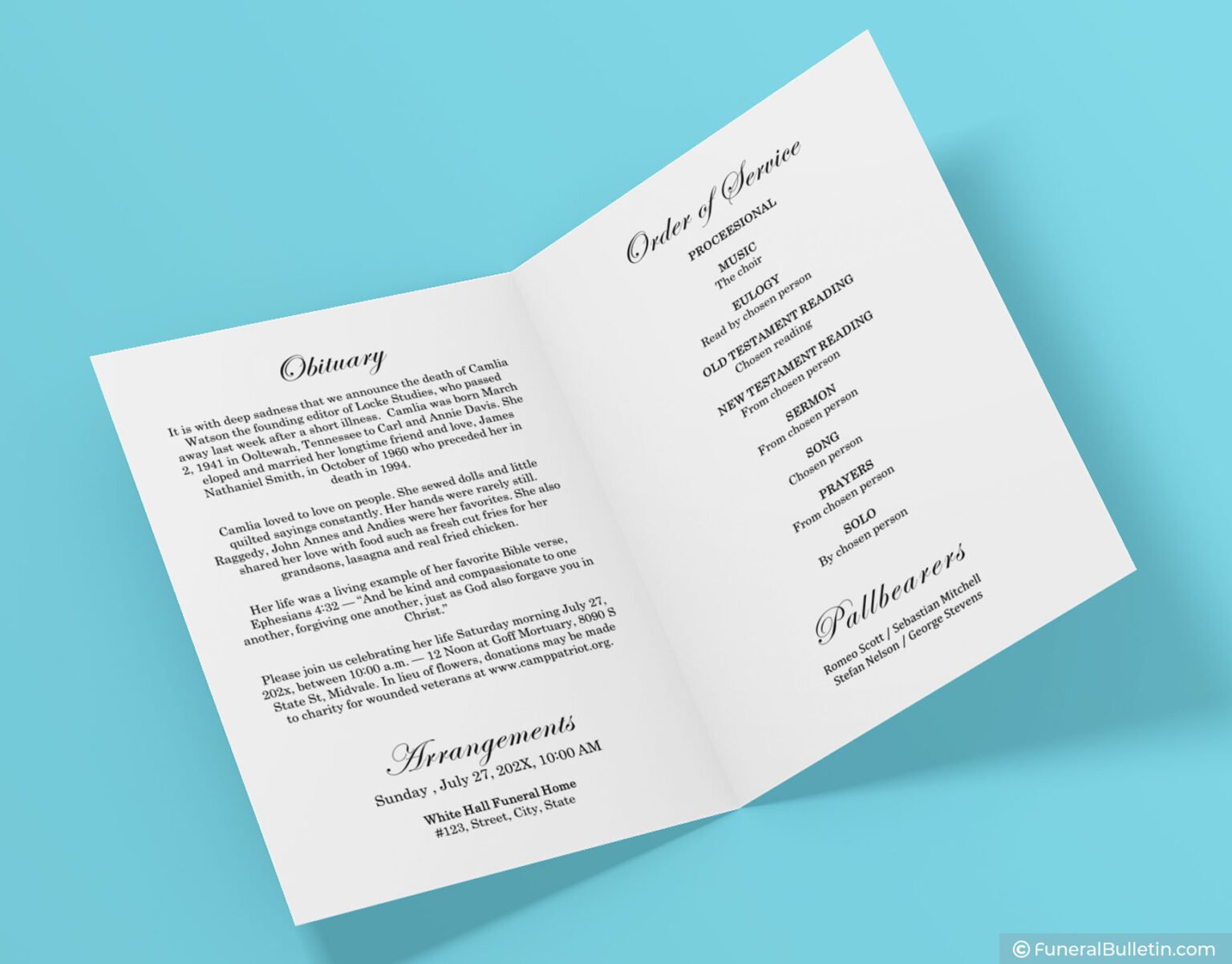 Funeral Service Bulletin Template - Bi-Fold Funeral Brochure