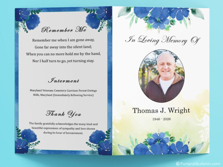 Elegant Funeral Booklet – Watercolor Blue Floral Design