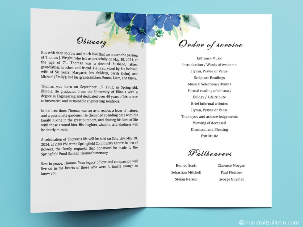 Elegant Funeral Booklet – Watercolor Blue Floral Design