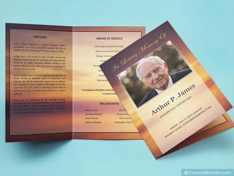 Golden Sunset Bifold Funeral Card Templates | Serene Design